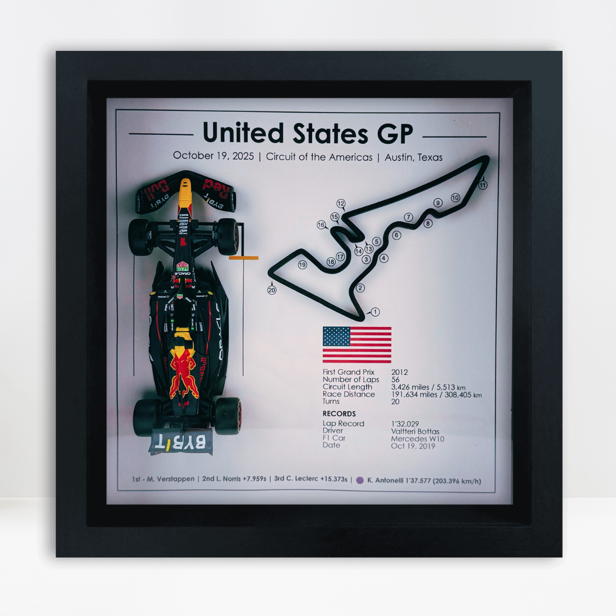 Max Verstappen Wins USA GP 2025 – 3D Austin F1 Frame - Elevated3D